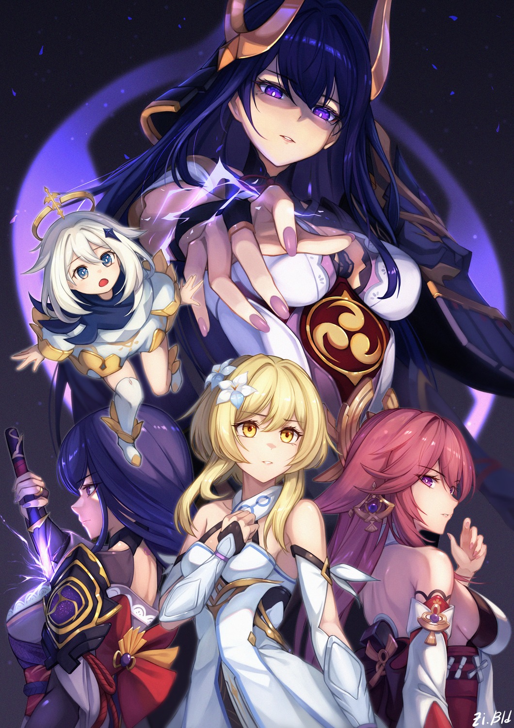 bld zi genshin impact lumine paimon raiden shogun yae miko animal ears dress kitsune miko no bra ...